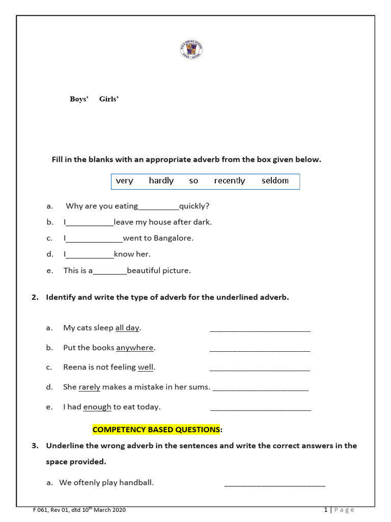 English Adverbs Worksheet for Class VII | PDF