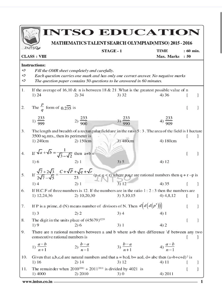 Mtso Class 8 Level 1 | PDF
