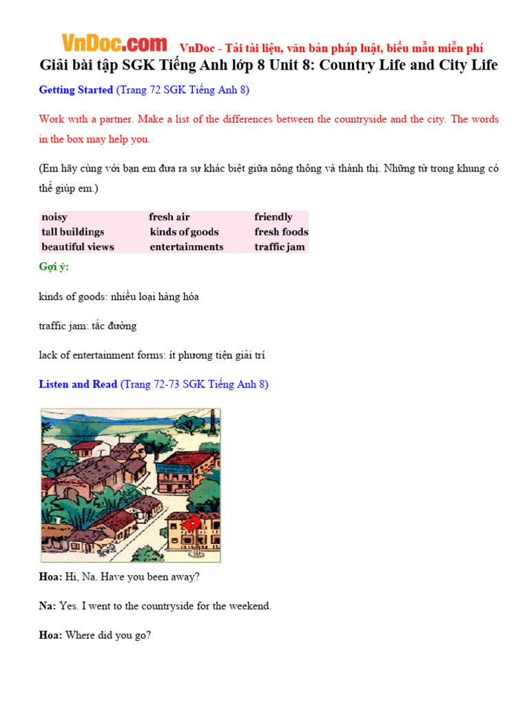 Giai Bai Tap SGK Tieng Anh Lop 8 Unit 8 Country Life and City Life | PDF
