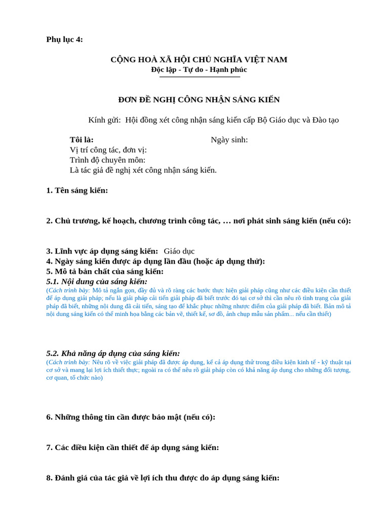 Phu Luc 4 Mau de Nghi Cong Nhan Sang Kien | PDF