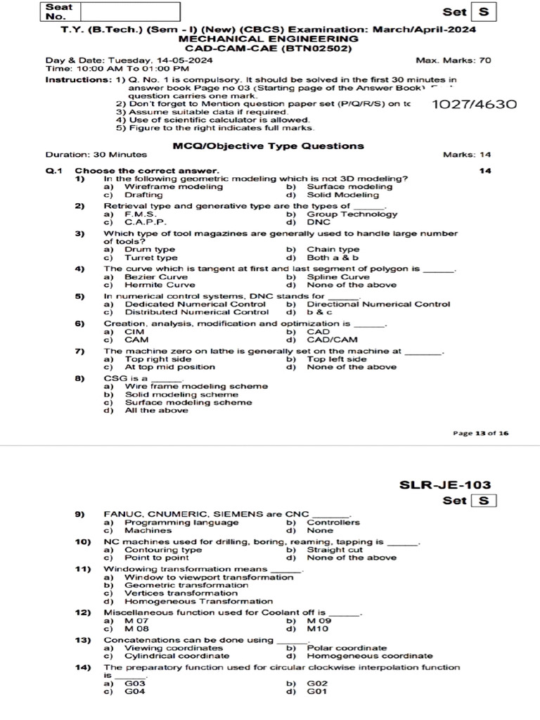 Cad Cam Question Paper 2024 | PDF | Numerical Control