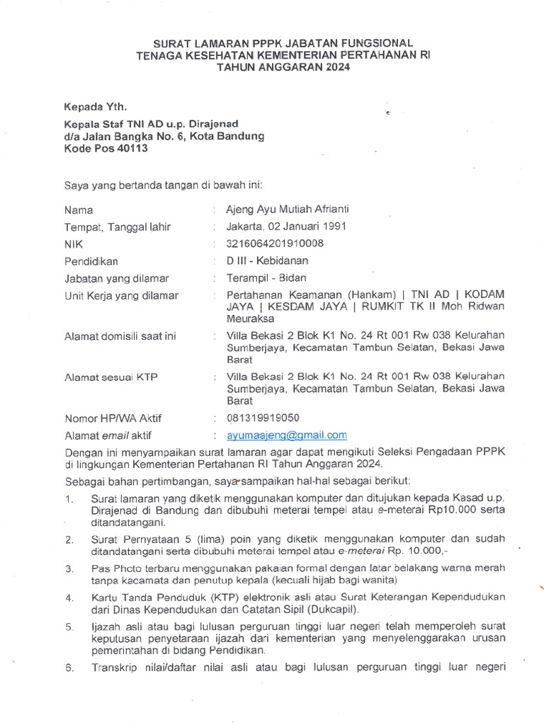 Surat Lamaran Ajeng | PDF