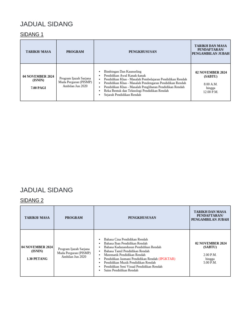 Jadual Sidang - Pendaftaran - Pengambilan JUBAH - 2024 | PDF