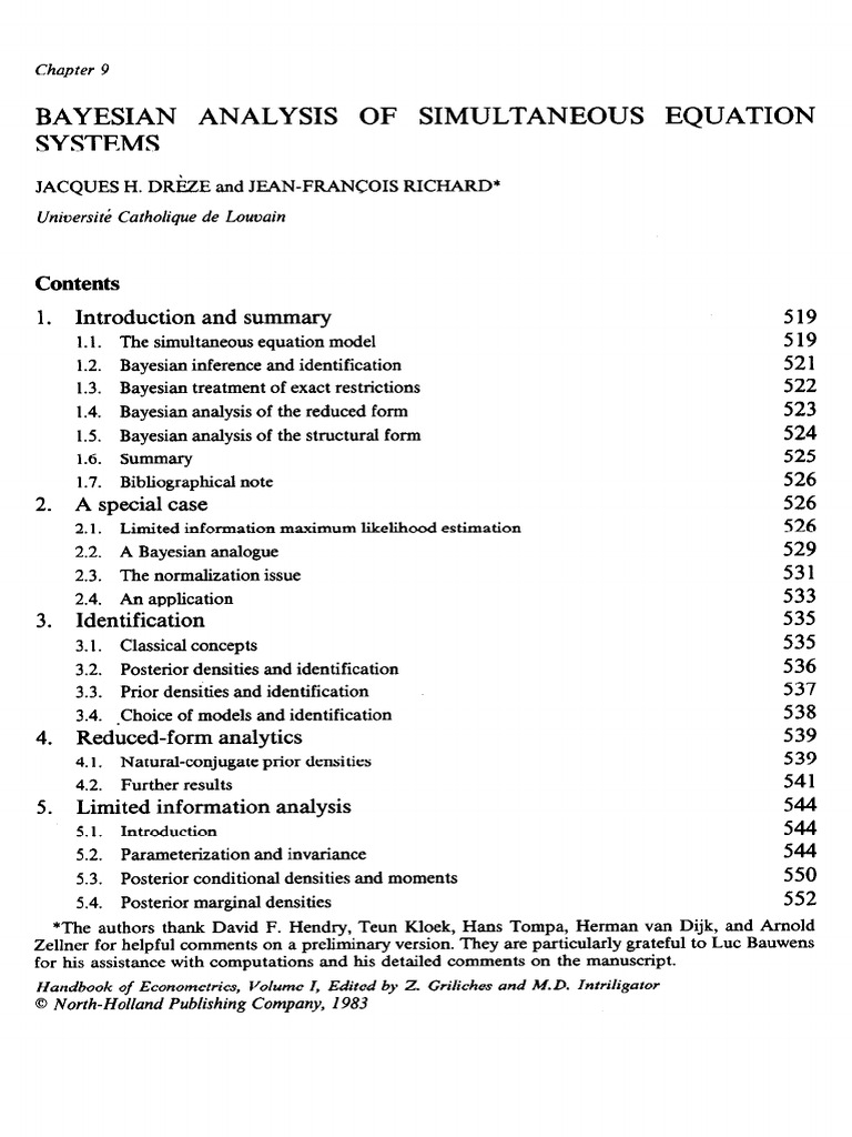 Bayesian Analysis of Simultaneous Equation Systems: 1. Introduction and Summary 519 519 521 ...
