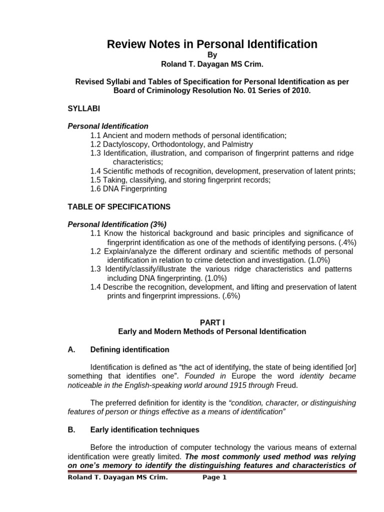 Review Notes in Personal Identification | PDF | Dna Profiling | Fingerprint