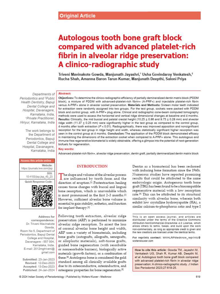 Autologous Tooth Bone Graft Block Compared With.13 | PDF | Dentistry ...