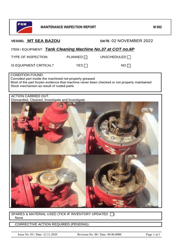 Form M002 Maintenance Inspection Report TC Machines No.37 at COT 6P ...