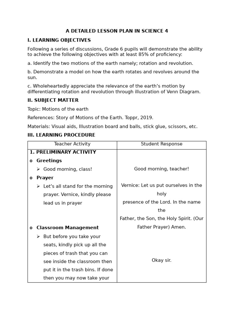 Grade 6 Lesson Plan: Earth's Motions | PDF | Rotation | Night