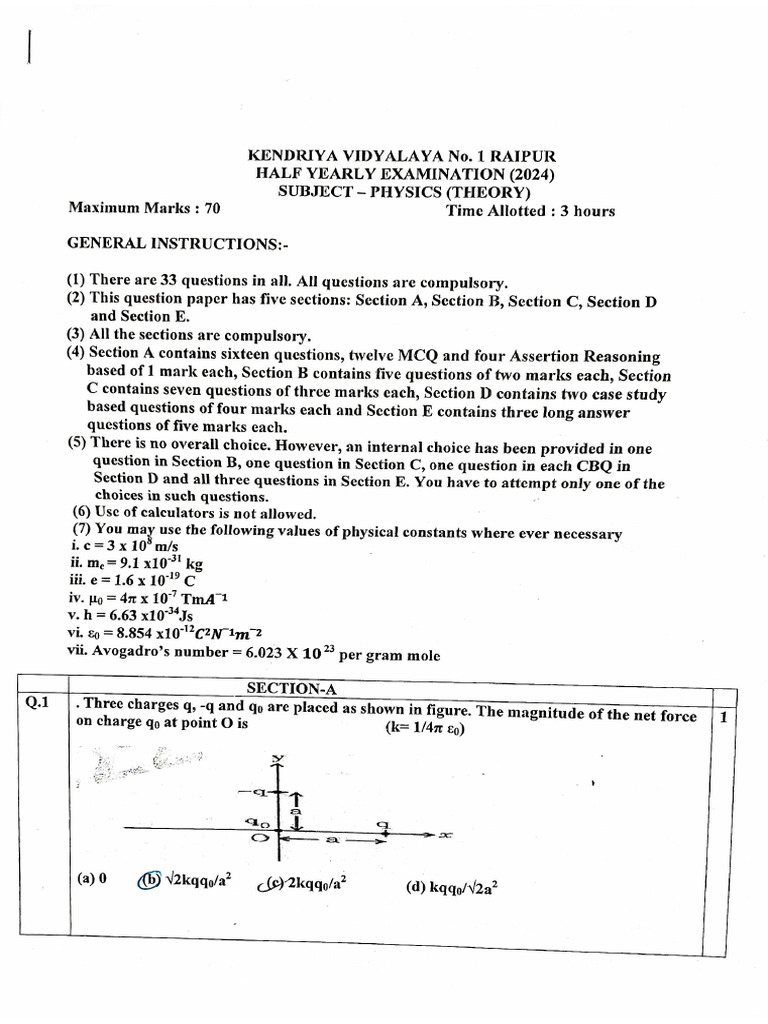 KV Paper Physics (Half Yearly) | PDF