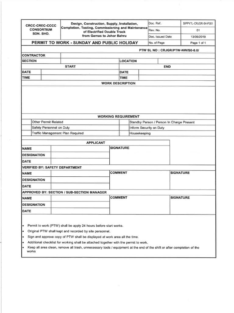 Permit To Work - Sunday & Public Holiday | PDF