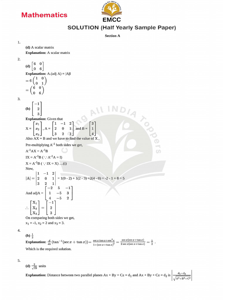 Half Yr Solution 12 Maths | PDF