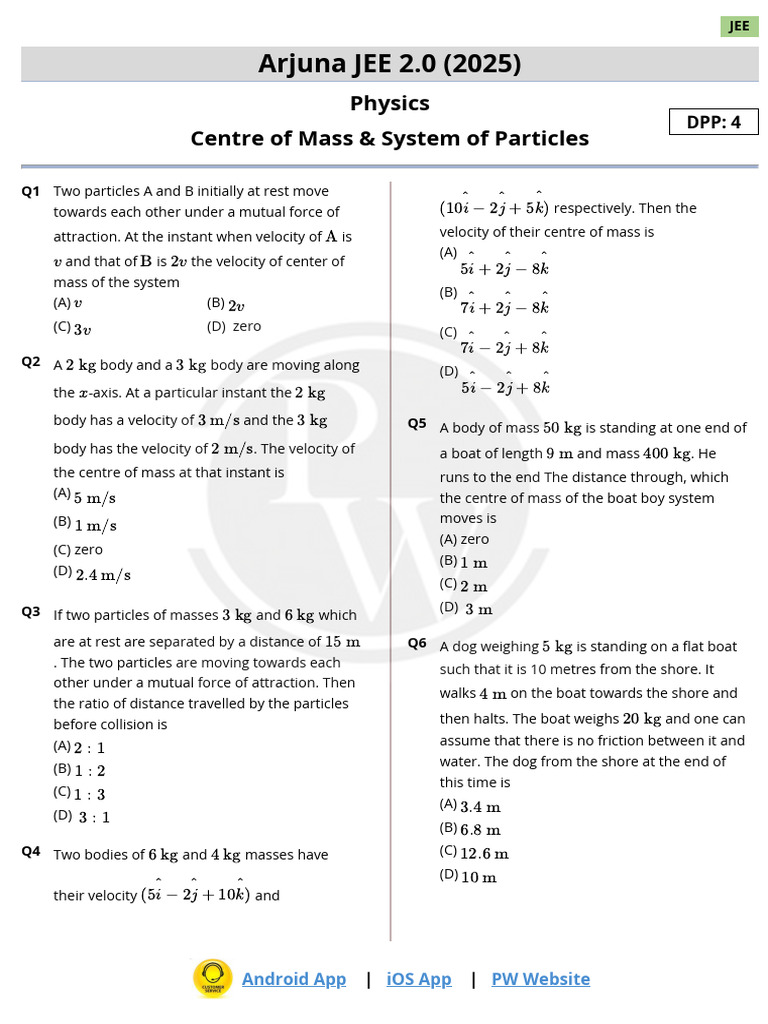 Centre of Mass and System of Particles - DPP 04 (Of Lec 06) - Arjuna JEE 2.0 2025 | PDF | Force ...