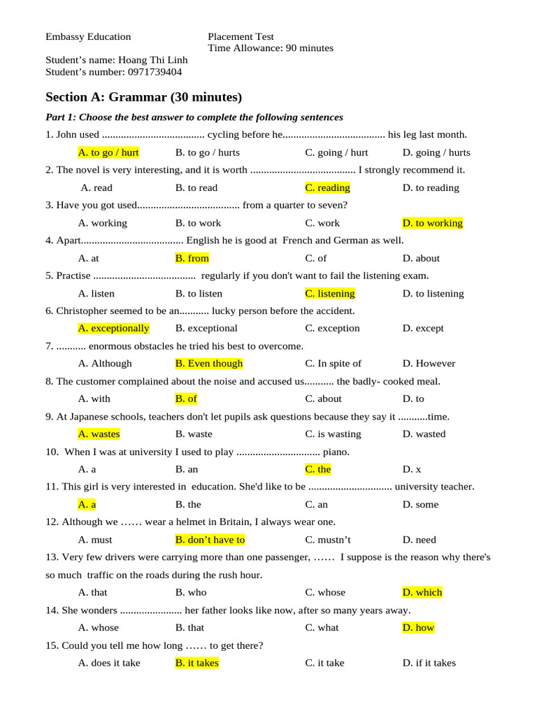 Section A: Grammar (30 Minutes) : Part 1: Choose The Best Answer To ...