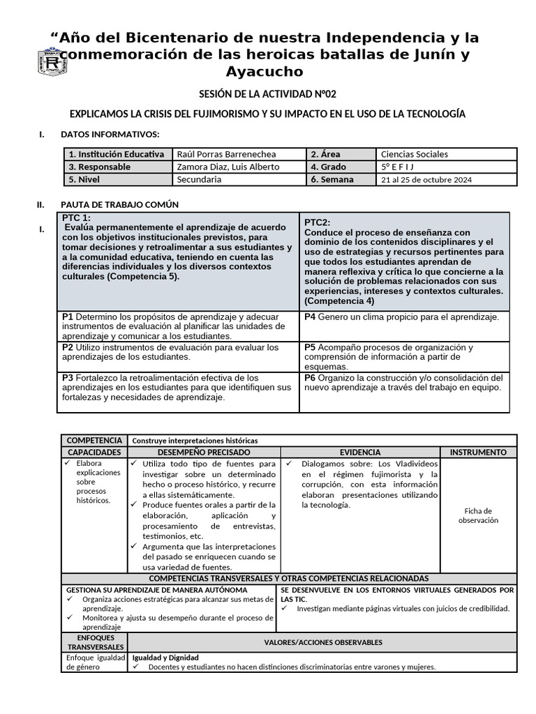Sesion de Aprendizaje N°02 - CCSS - 5° Año - Explicamos La Crisis Del Fujimorismo y Su Impacto ...