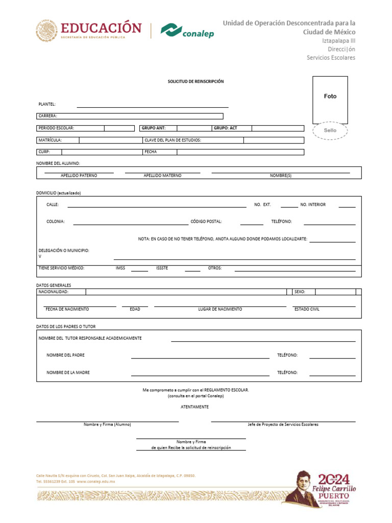 Solicitud de Reinscripción Conalep Iztapalapa | PDF