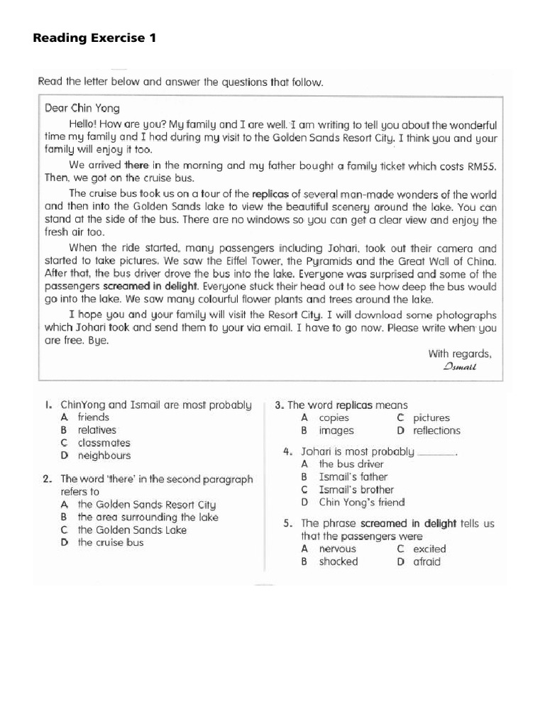 Form 1 Reading and Grammar Exercise | PDF | Foreign Language Studies ...