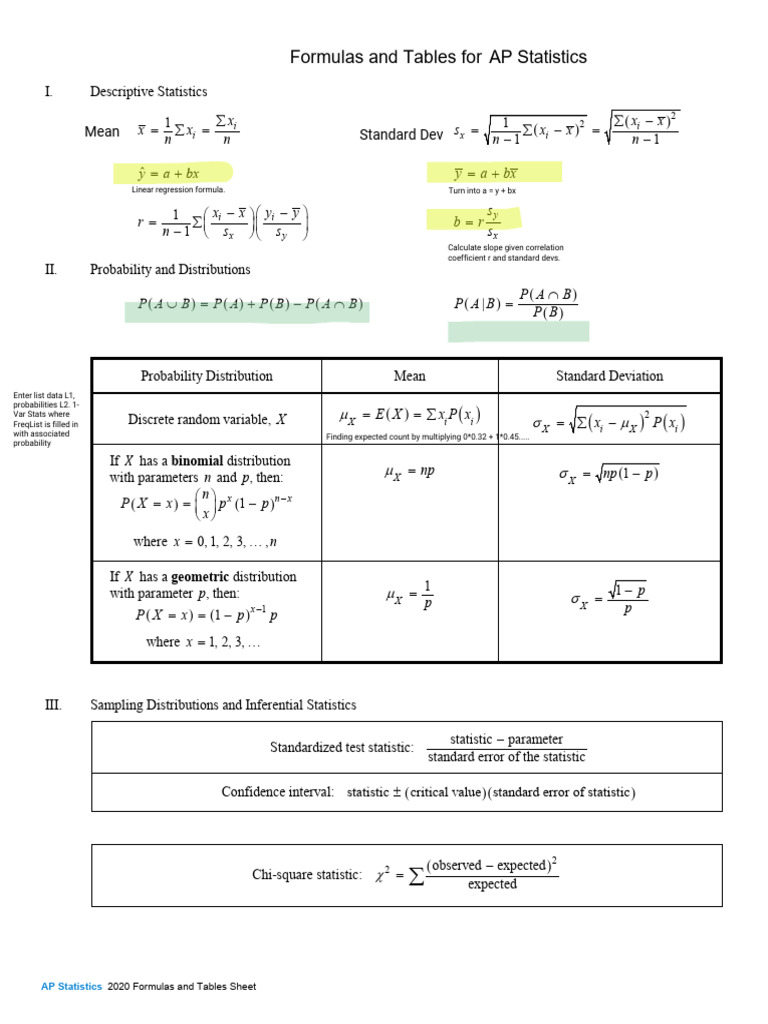 AP Statistics Formulas and Tables | PDF | Standard Error | Errors And ...