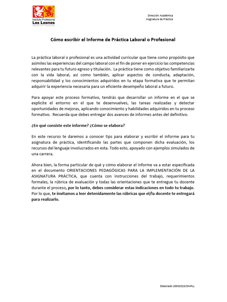 Cómo Escribir El Informe de Práctica Laboral o Profesional | PDF ...