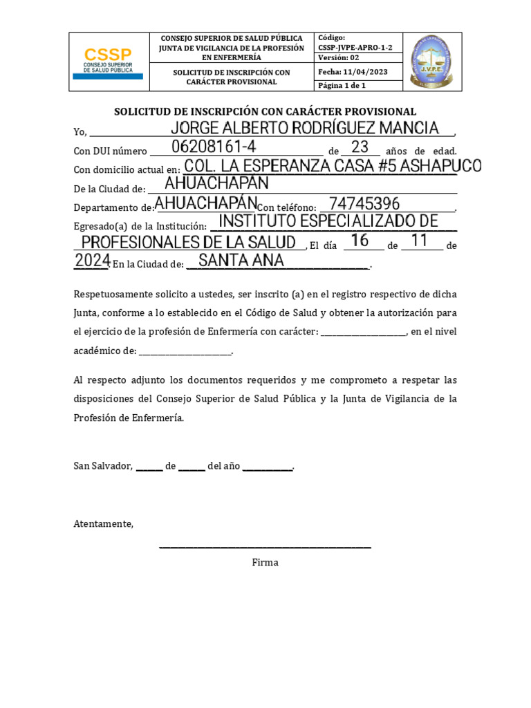 CSSP JVPE APRO 1 2 Solicitud de Inscripción Con Caracter Provisional JVPE | PDF