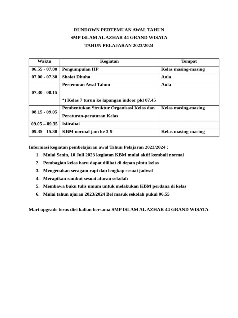 Rundown Pertemuan Awal Tahun 2023-2024 | PDF