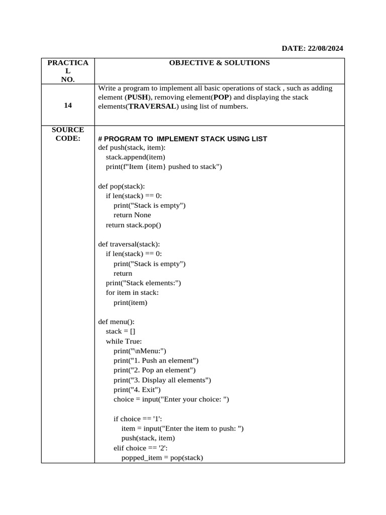 Question14 Implement Stack Using List Pdf Computer Programming 5452