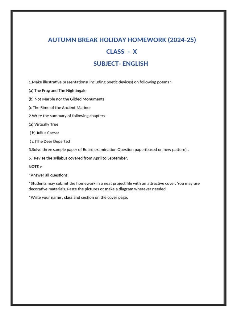 10th Autumn Break Holiday Homework 2024-25 | PDF | Teaching Methods ...