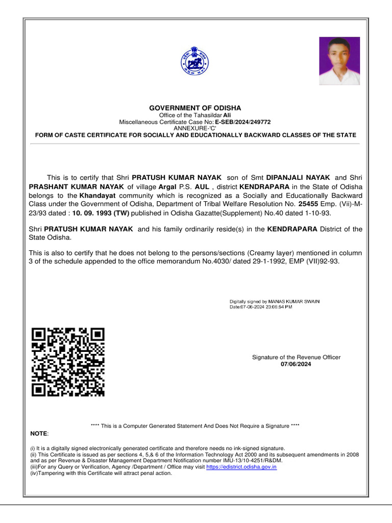 Khandayat Caste Certificate for Pratush Nayak | PDF