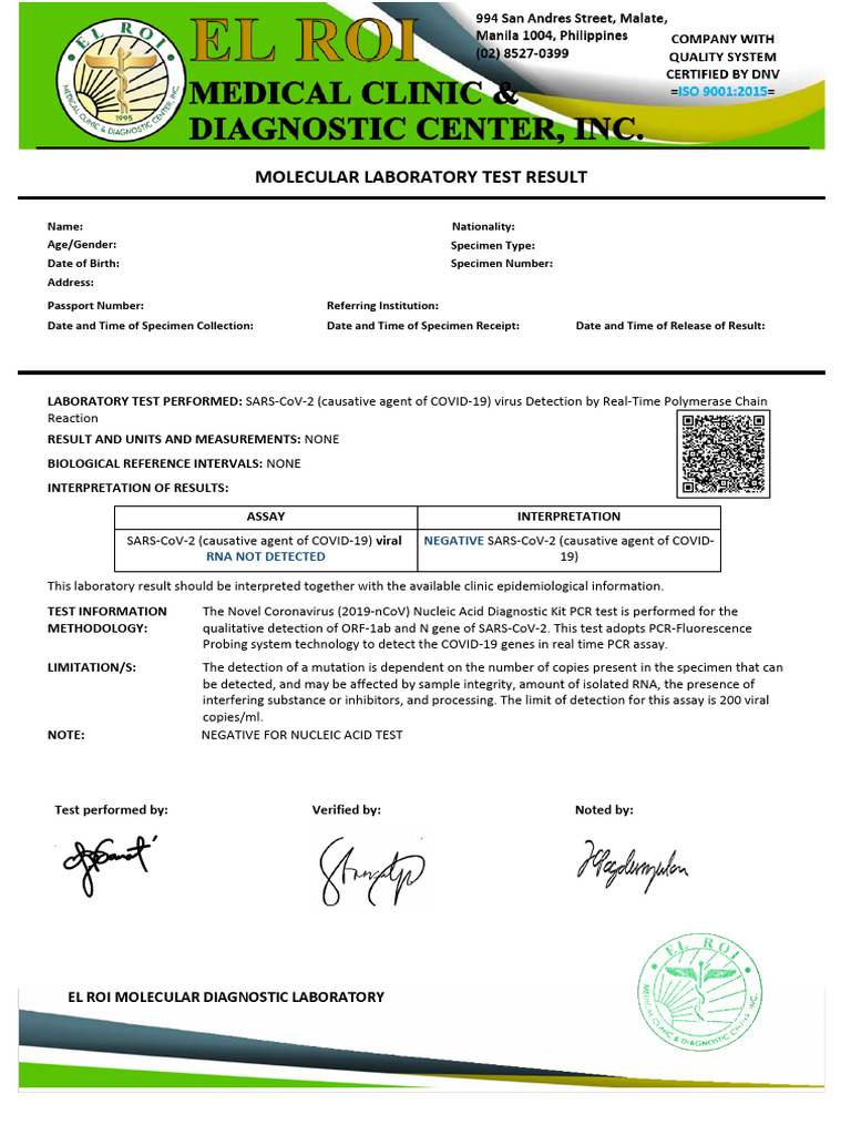 Negative COVID-19 PCR Test Result | PDF | Polymerase Chain Reaction ...