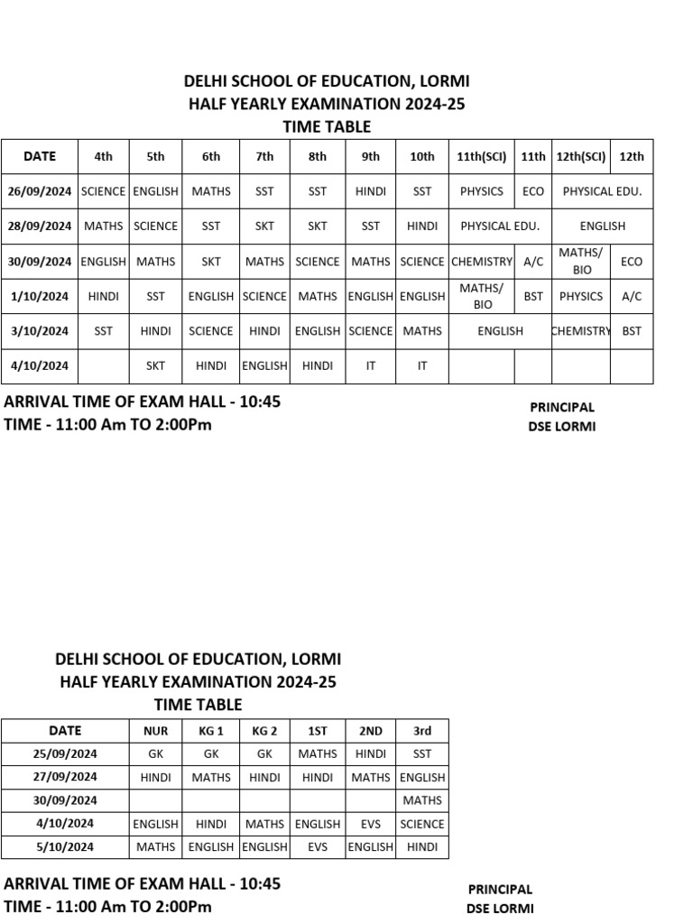 Half Year Time Table 2024-25 | PDF