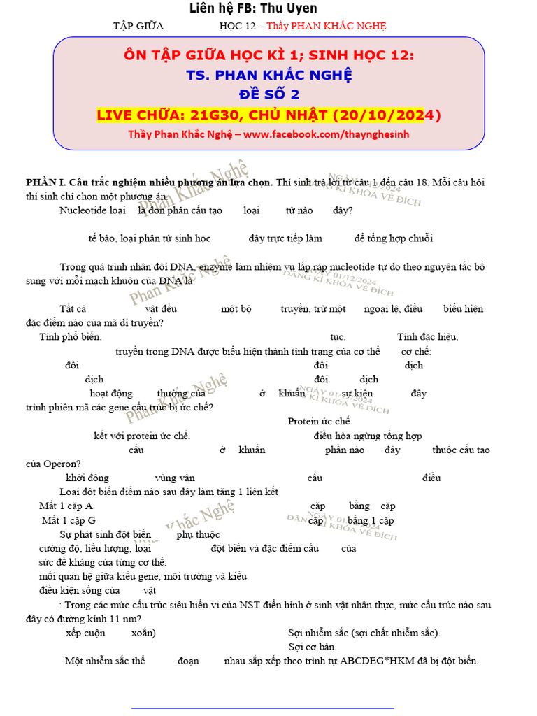 Đề số 02 - Ôn tập giữa HK I - Sinh học 12 Chương trình GDPT mới 2018 | PDF