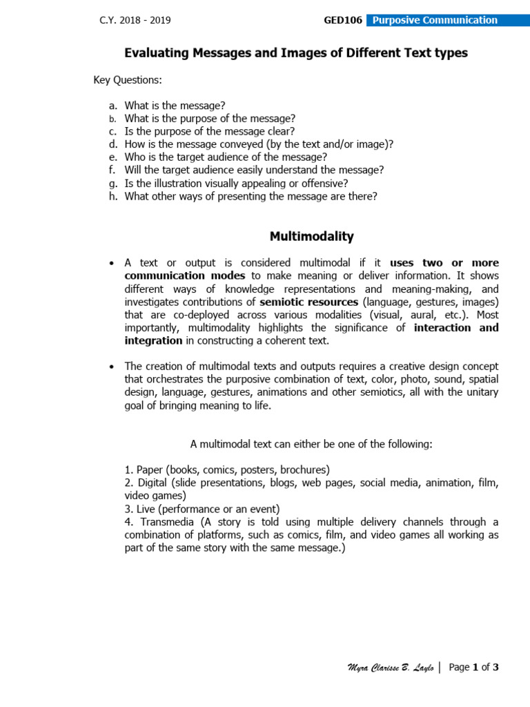 Lecture 4 - Evaluating Messages and Images of Different Text Types Multimodality | PDF | Human ...