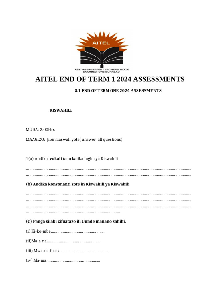 Kiswahili End of Term 1 Assessments | PDF | Bantu | Linguistics