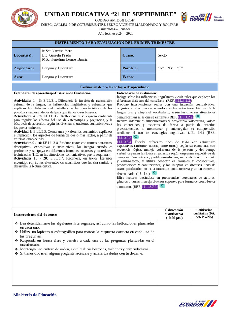 Evaluación Trim 1 - Sin Resp Todas | PDF | Sustracción | Ecuador