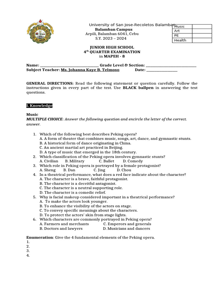 4TH Quarter Examination (Mapeh 8) | PDF | Puppets | Dances