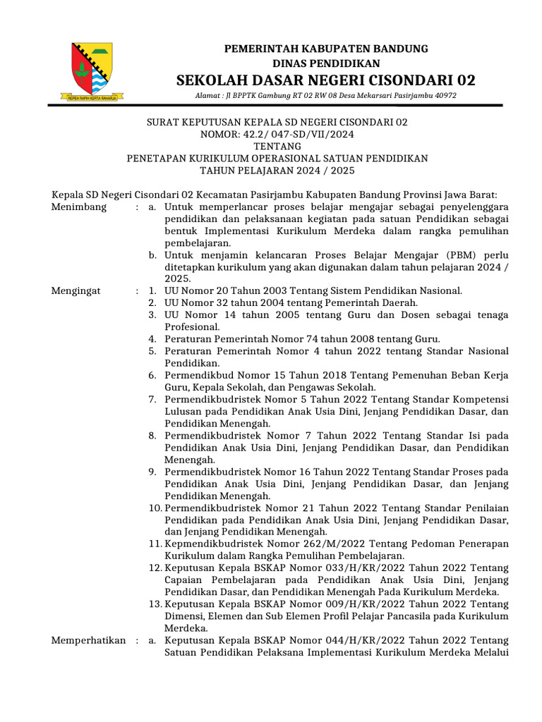 SK Penetapan KOSP Kurikulum Merdeka Mandiri Berubah (Gurudikdaslamongan - Id) | PDF