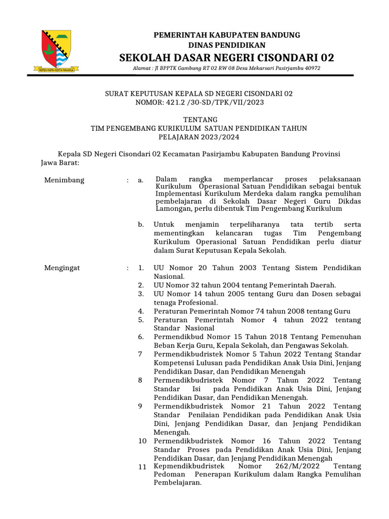 SK TIM KOSP Kurikulum Merdeka Mandiri Berubah (Gurudikdaslamongan - Id) | PDF