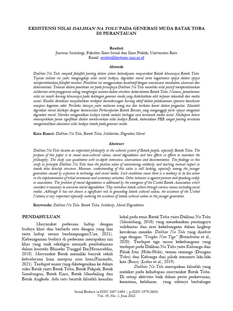 "Dalihan Na Tolu dan Generasi Muda" | PDF