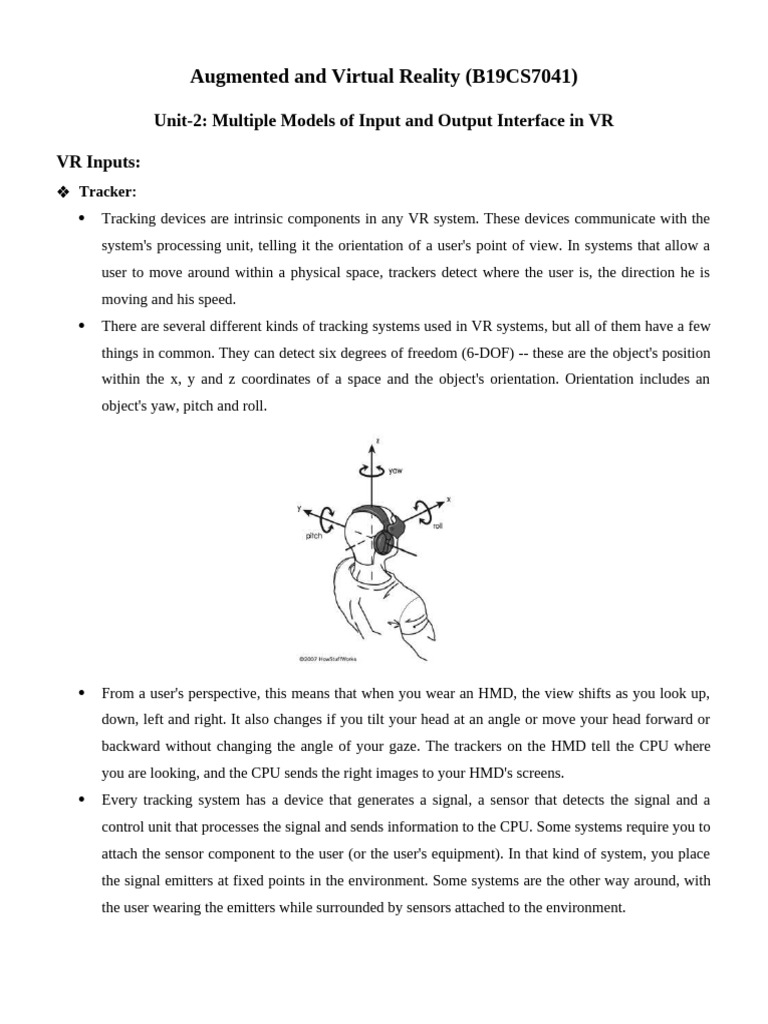 AVR_Unit-2 Notes | PDF | Virtual Reality | Accelerometer