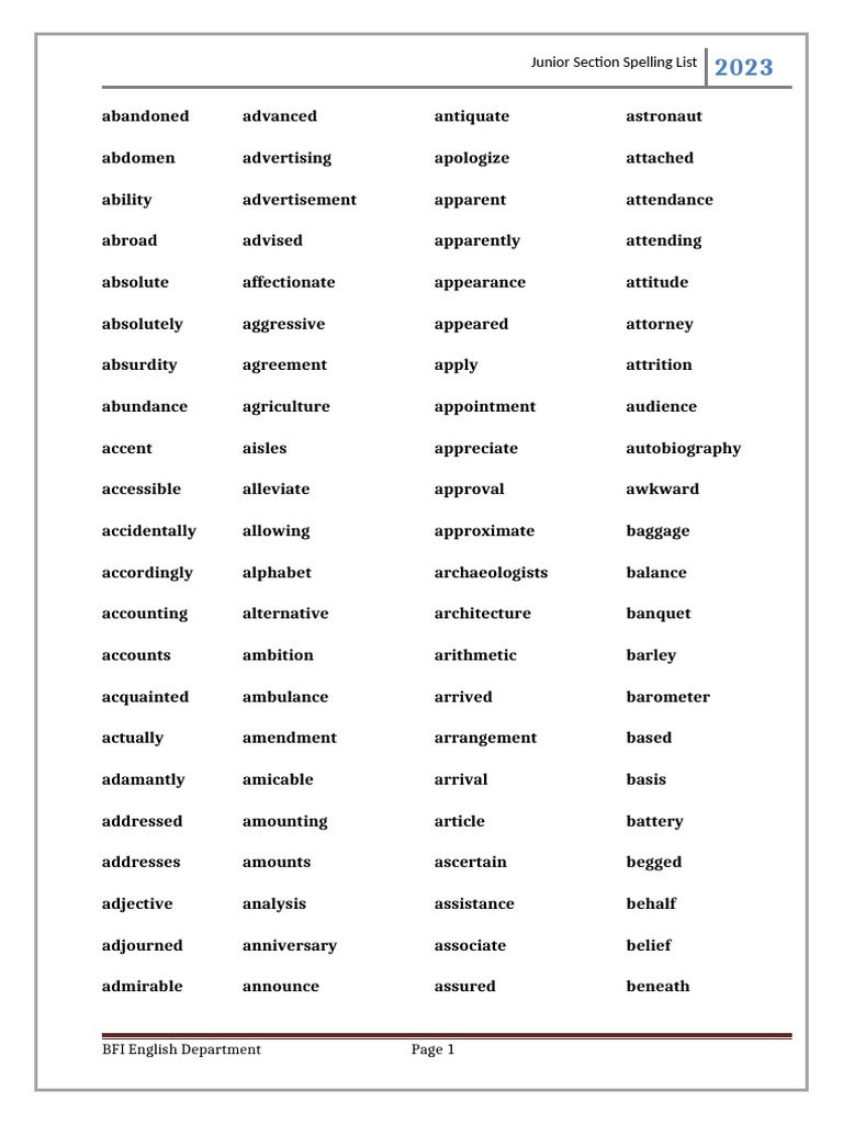 Junior Spelling List 2023 | PDF