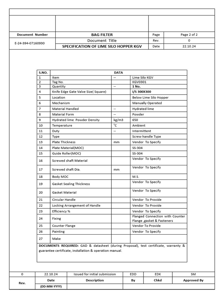 E-24-394-07160930-r0-Specification of Lime Silo Hopper KGV | PDF