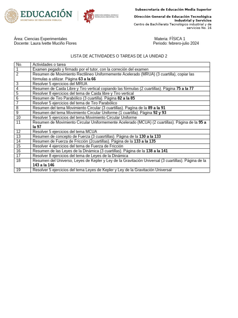 Lista de Actividades o Tareas U2 2024 | PDF