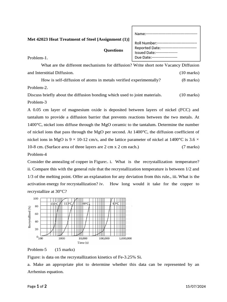 Heat Treatment Assignment-1 | PDF | Diffusion | Activation Energy