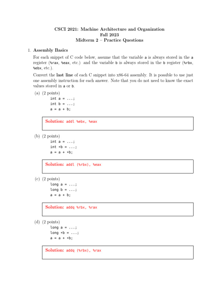 Csci2021 Fa23 Midterm 2 Practice Solutions | PDF | Computer Programming | Computing