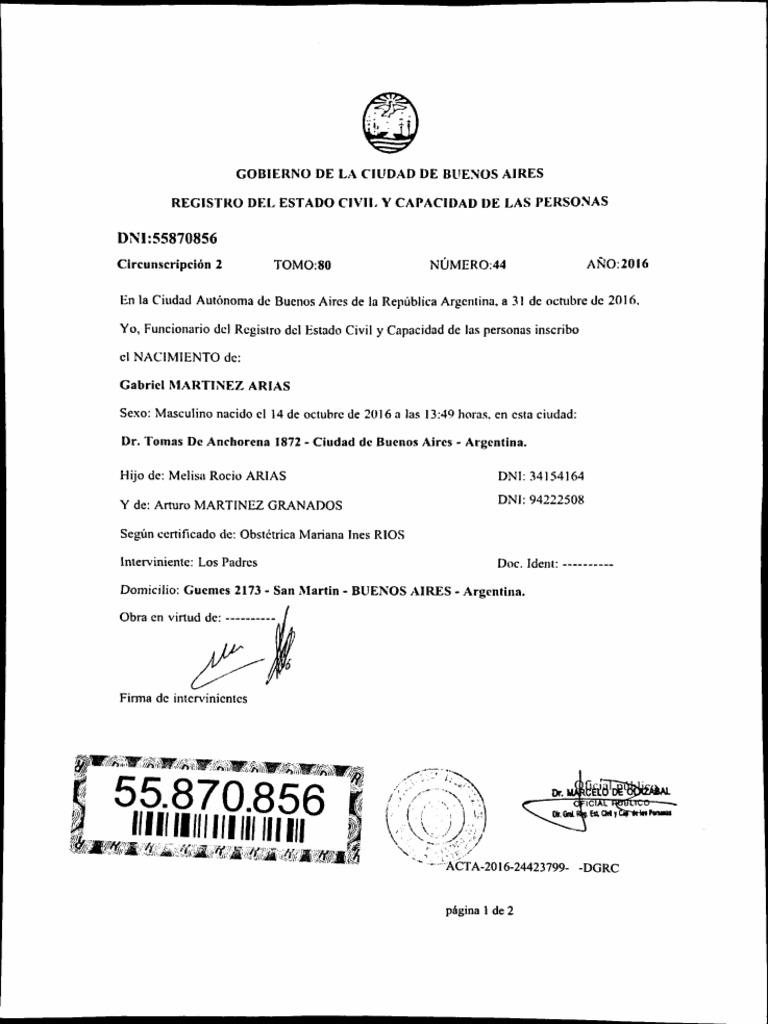 Acta de Nacimiento Gaby Argentina | PDF