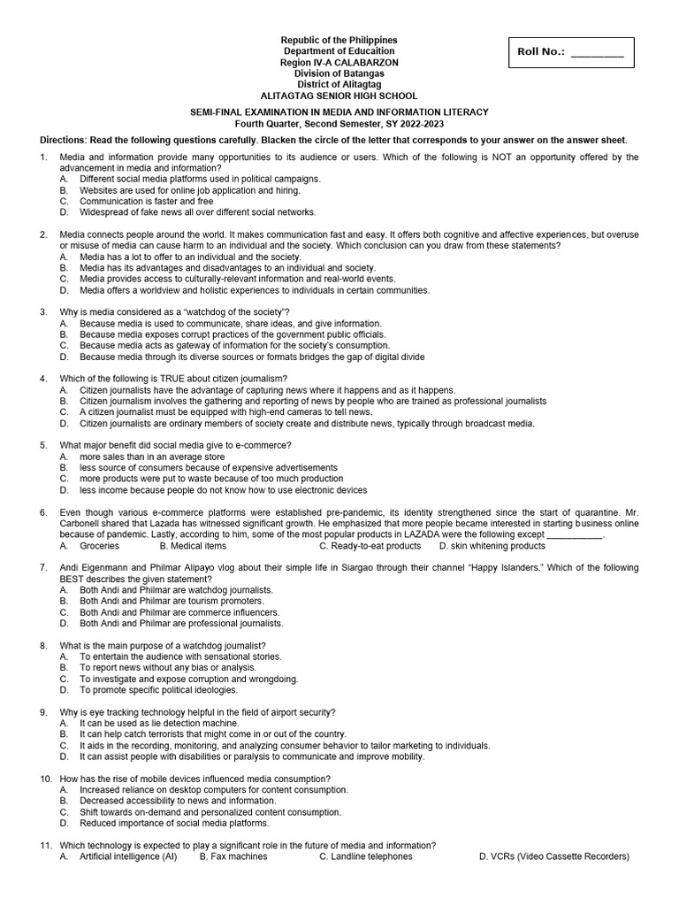 Media Literacy Exam Questions | PDF | Social Media | Popular Culture ...