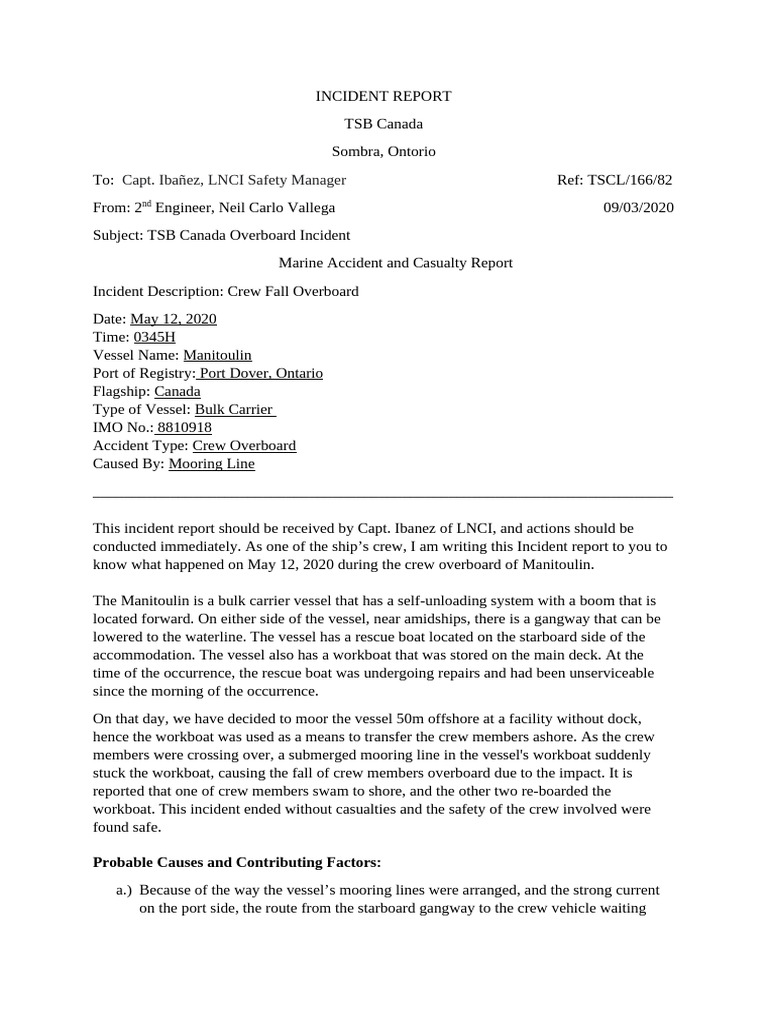Crew Overboard Incident Report: Manitoulin | PDF | Watercraft ...
