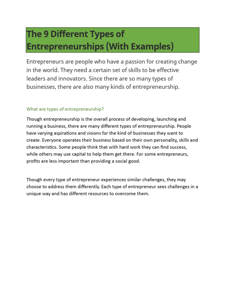 9 Types of Entrepreneurship Explained | PDF | Entrepreneurship ...