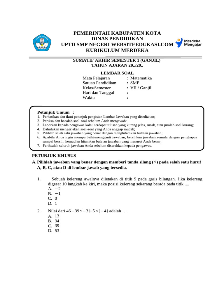 SAS 1 Kelas VII - MTK | PDF