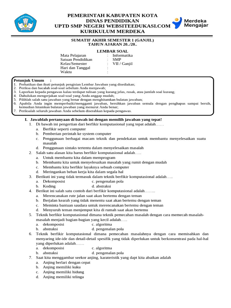 Soal Informatika Kelas VII Ganjil | PDF