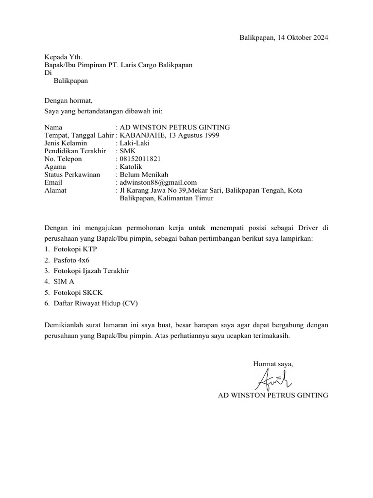 Surat Lamaran PT. Laris Cargo BPP | PDF
